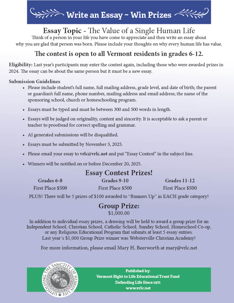 2025 Pro-Life Vermont Essay Contest